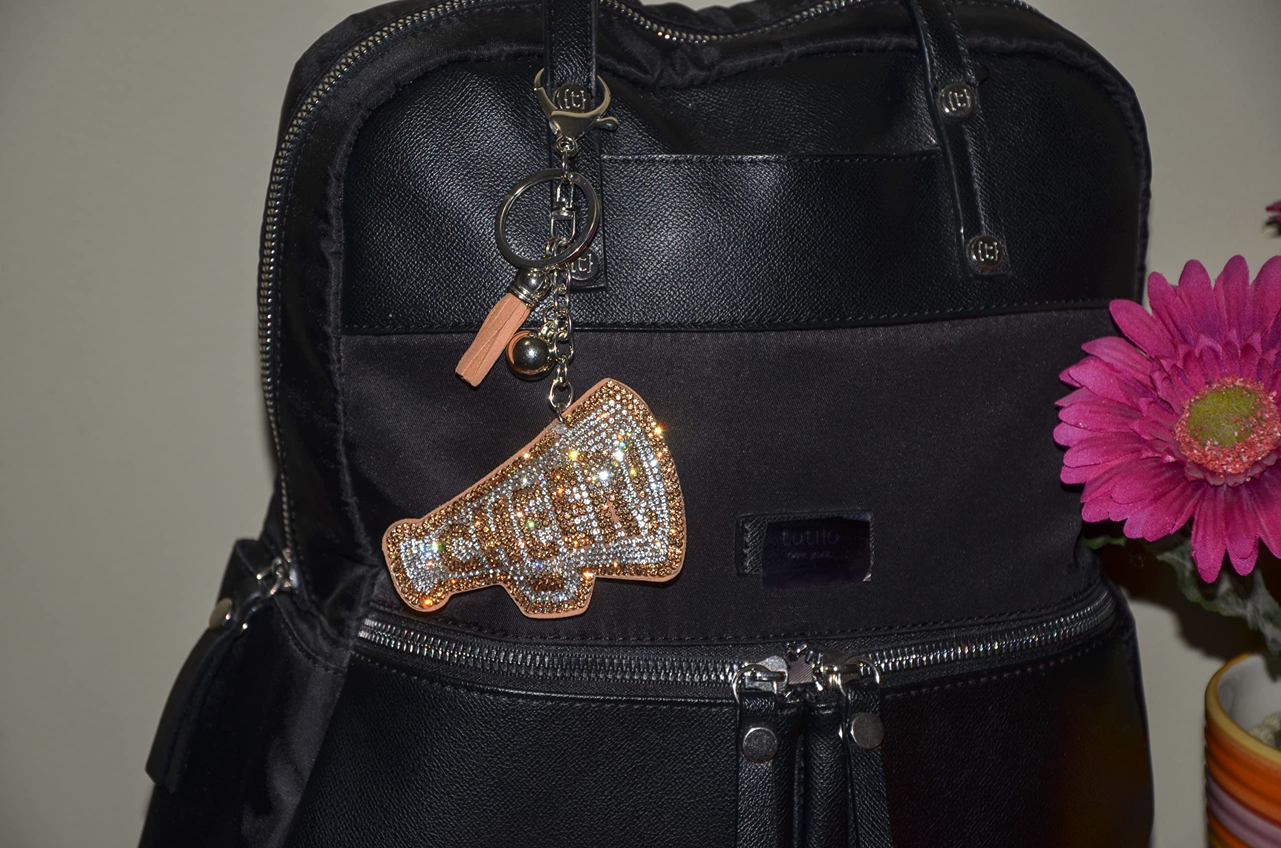 Popfizzy Cheer Keychain for Girls, Bling Cheerleader Backpack Charm, Gold Rhinestone Cheerleading Bag Charms, Keyring Key Fob