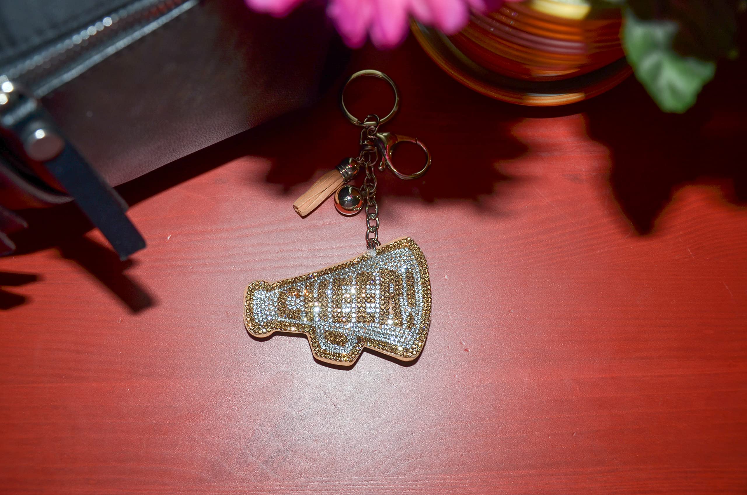 Popfizzy Cheer Keychain for Girls, Bling Cheerleader Backpack Charm, Gold Rhinestone Cheerleading Bag Charms, Keyring Key Fob