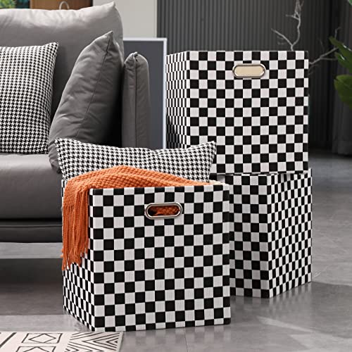 Fboxac Cube Storage Bins 13×13 Polyester Foldable Box with Handles, Collapsible Organization Basket Set of 4 Large Capacity Drawer for Closet Shelf Cabinet Bookcase Bedroom, Checkerboard Black & White