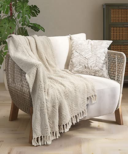 Maxpeuvon Beige Throw Blanket Boho Soft Cozy Knit Blanket with Tassel, Solid Decorative Blankets and Throws, Decor Blanket for Bed, Travel Blanket, Sofa, 50"×60"