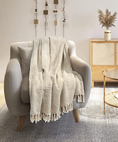 Maxpeuvon Beige Throw Blanket Boho Soft Cozy Knit Blanket with Tassel, Solid Decorative Blankets and Throws, Decor Blanket for Bed, Travel Blanket, Sofa, 50"×60"