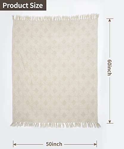 Maxpeuvon Beige Throw Blanket Boho Soft Cozy Knit Blanket with Tassel, Solid Decorative Blankets and Throws, Decor Blanket for Bed, Travel Blanket, Sofa, 50"×60"