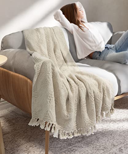 Maxpeuvon Beige Throw Blanket Boho Soft Cozy Knit Blanket with Tassel, Solid Decorative Blankets and Throws, Decor Blanket for Bed, Travel Blanket, Sofa, 50"×60"