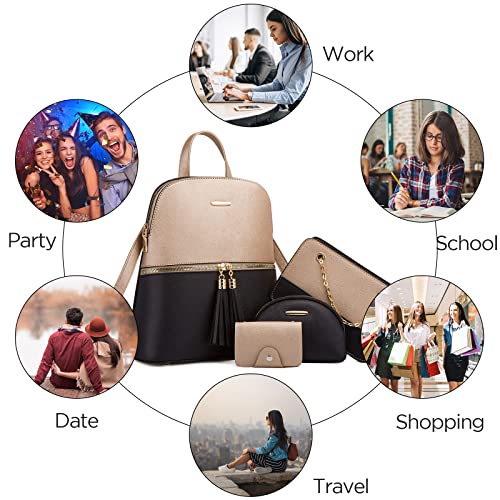 Backpack Purses for Women Mini Backpack Purse for Girls Teen Fashion Backpack 4 PCS Leather Rucksack for Ladies Shoulder Bags Black