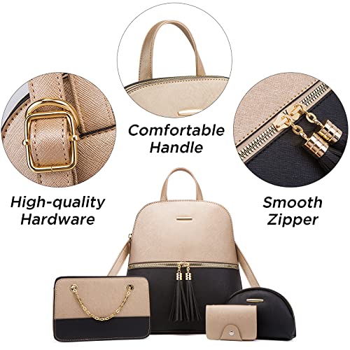 Backpack Purses for Women Mini Backpack Purse for Girls Teen Fashion Backpack 4 PCS Leather Rucksack for Ladies Shoulder Bags Black