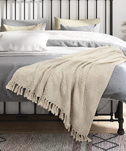 Maxpeuvon Beige Throw Blanket Boho Soft Cozy Knit Blanket with Tassel, Solid Decorative Blankets and Throws, Decor Blanket for Bed, Travel Blanket, Sofa, 50"×60"
