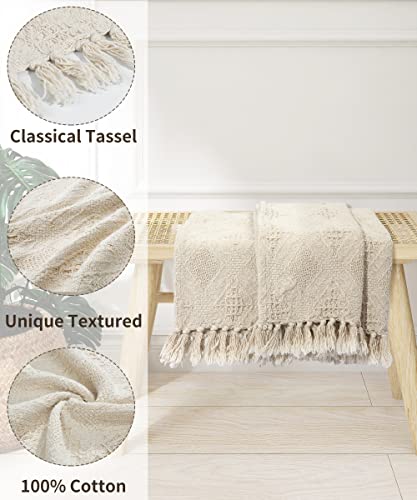 Maxpeuvon Beige Throw Blanket Boho Soft Cozy Knit Blanket with Tassel, Solid Decorative Blankets and Throws, Decor Blanket for Bed, Travel Blanket, Sofa, 50"×60"