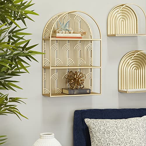 CosmoLiving by Cosmopolitan Metal Arched 3 Shelf Wall Shelf, 16" x 6" x 24", Gold