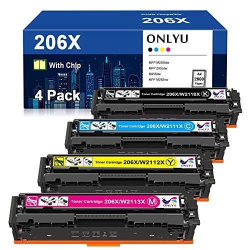 206X Toner Cartridges 4 Pack High Yield with Chip Compatible Toner Cartridge Replacement for HP 206X 206A W2110A W2110X for HP Color Pro MFP M283fdw M283cdw M255dw Printer 206X HP Toner Cartridge Set