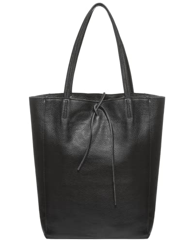 TAKEASY Women's Genuine Leather Italian Tote Bag with Zipper - Large Handbag for Shopping, Work and Travel (Black)