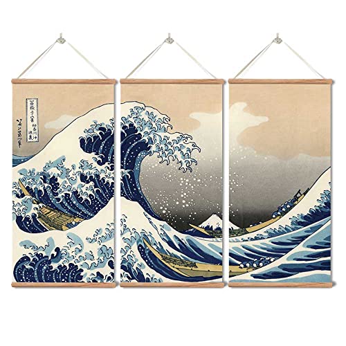 zhugege Japanese Traditional Art The Great Wave Off Kanagawa by Hokusai ,Hanging Poster with Wood Frames,Ready to Hang Decorative Wall 3 Piece Set (16''x32'' x 3)