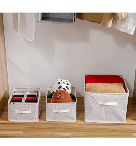 Jelier Fabric Collapsible Shelf Storage Basket,Multipurpose Linen Bin Organizer for Toys,Toiletries,Office Supplies,DVDs,Books,Clothes,Paper Rolls (L, beige)