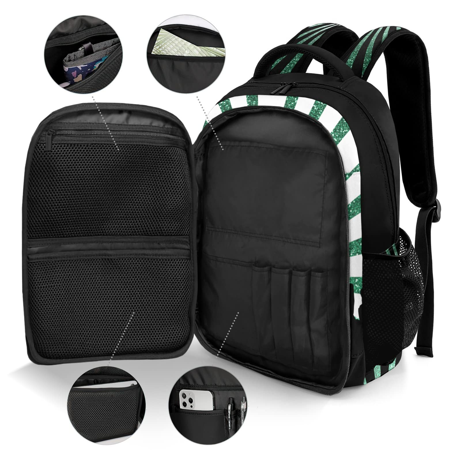 Anneunique Custom Cheerleaders Backpack Custom Multifunctional Waterproof Laptop Bag for Travel Gift Green Bling Sparkly Print Cheer Black