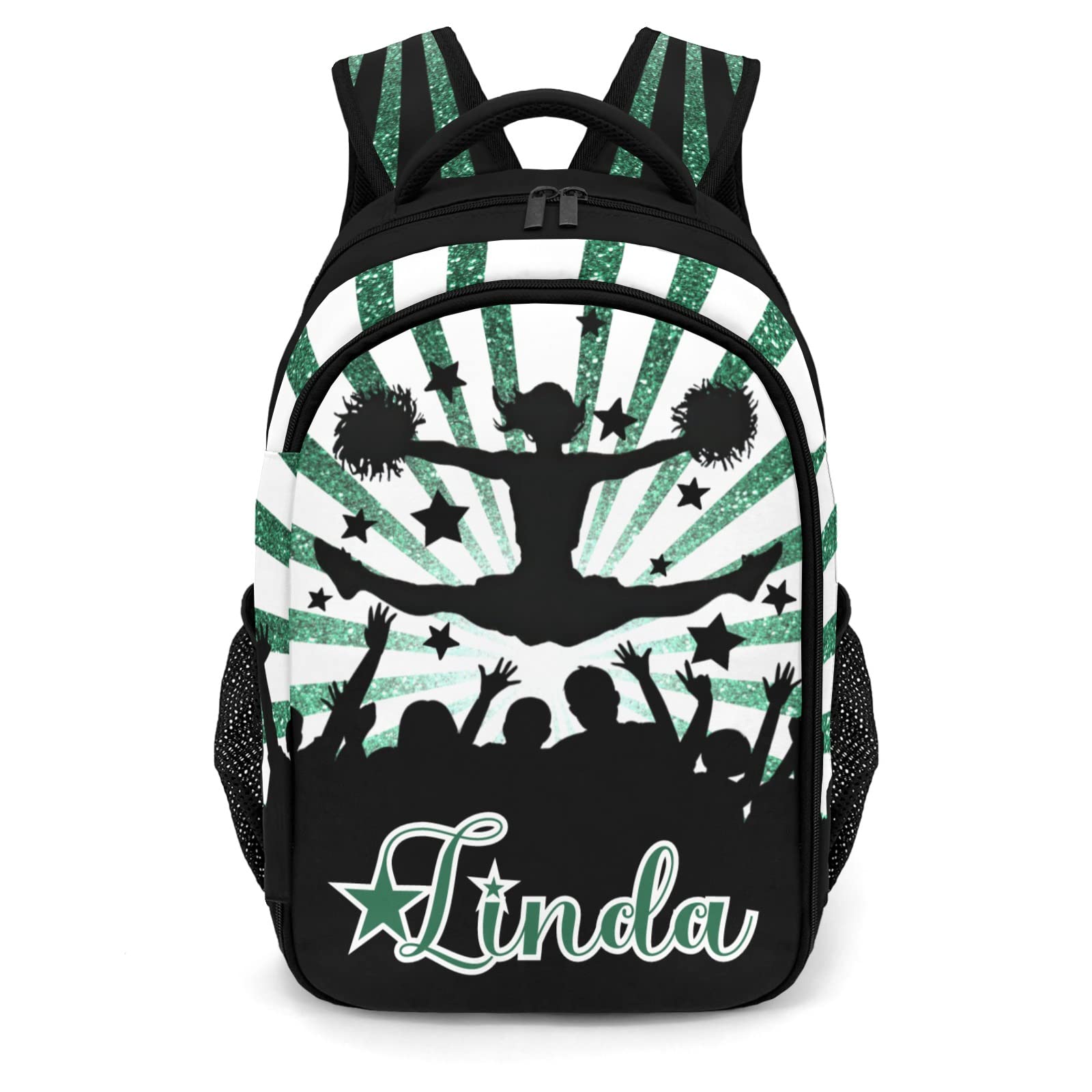 Anneunique Custom Cheerleaders Backpack Custom Multifunctional Waterproof Laptop Bag for Travel Gift Green Bling Sparkly Print Cheer Black