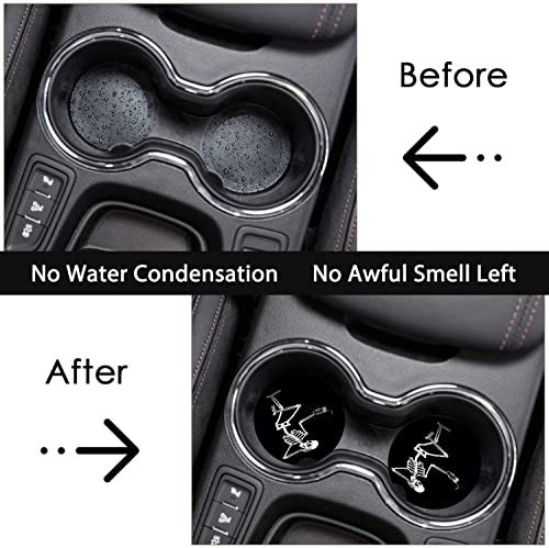 Car Coasters for Drinks Absorbent, 2 Pack Cup Holders, 2.56" Ceramic Stone & Non-Scratch Cork Base Coasters, Auto Accessories for Women & Men, Human Skeleton Cocktail Funny Skull