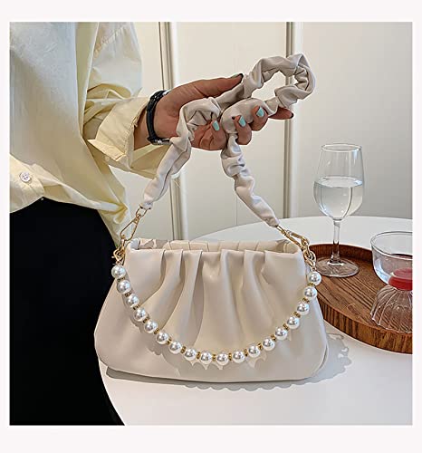 Clutch Purse Evening Shoulder Pleated Bag for Women Fashionable Tote Crossbody Handbags with Beaded Design Strap (White)