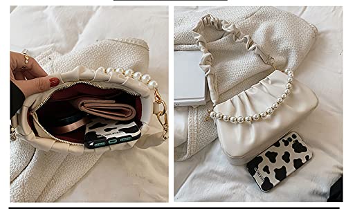 Clutch Purse Evening Shoulder Pleated Bag for Women Fashionable Tote Crossbody Handbags with Beaded Design Strap (White)
