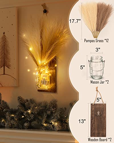 Mason Jar Wall Decor with LED Lights, JACKYLED Rustic Mason Jar Sconces with 12 PCS Faux Pampas Grass, Wall Art Decor for Boho Home Decor, Farmhouse, Bedroom, Kitchen, Living Room Hallway Decorative