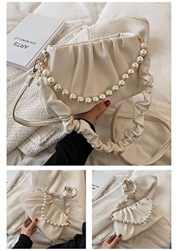 Clutch Purse Evening Shoulder Pleated Bag for Women Fashionable Tote Crossbody Handbags with Beaded Design Strap (White)