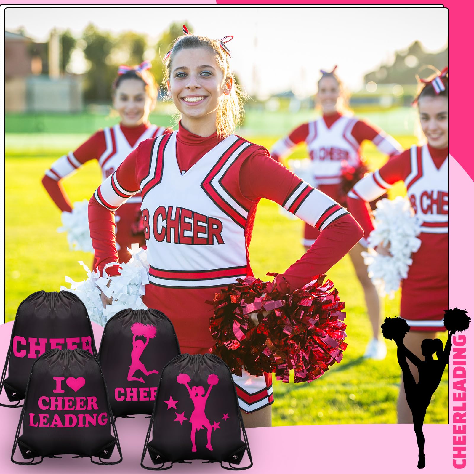 Paterr 12 Pcs Cheer Drawstring Backpack Cheerleaders Drawstring Gym String Bag Sports Gifts for Women Men(Pink, 11.8 x 10 Inch)