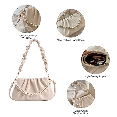Clutch Purse Evening Shoulder Pleated Bag for Women Fashionable Tote Crossbody Handbags with Beaded Design Strap (White)