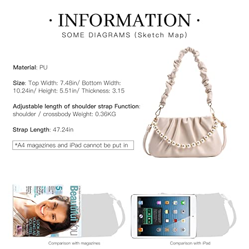 Clutch Purse Evening Shoulder Pleated Bag for Women Fashionable Tote Crossbody Handbags with Beaded Design Strap (White)