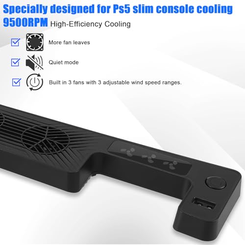 PS5 Slim Cooling Fan, SIKEMAY New PlayStation 5 Slim Console Accessories Cooler with USB Port and 3 Adjustable Quiet 9500-Speed Fans, Cool LED Light for PS5 Slim Digital/Disc Edition System (Black)