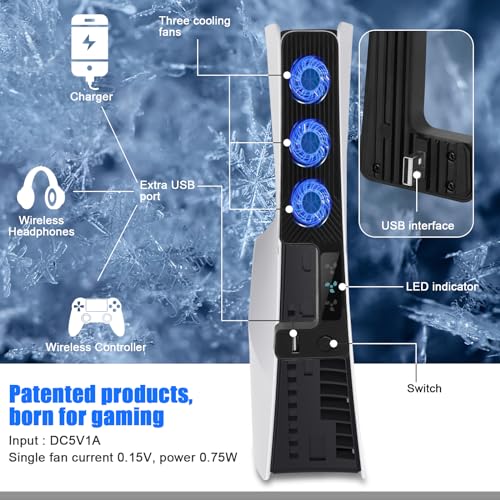 PS5 Slim Cooling Fan, SIKEMAY New PlayStation 5 Slim Console Accessories Cooler with USB Port and 3 Adjustable Quiet 9500-Speed Fans, Cool LED Light for PS5 Slim Digital/Disc Edition System (Black)