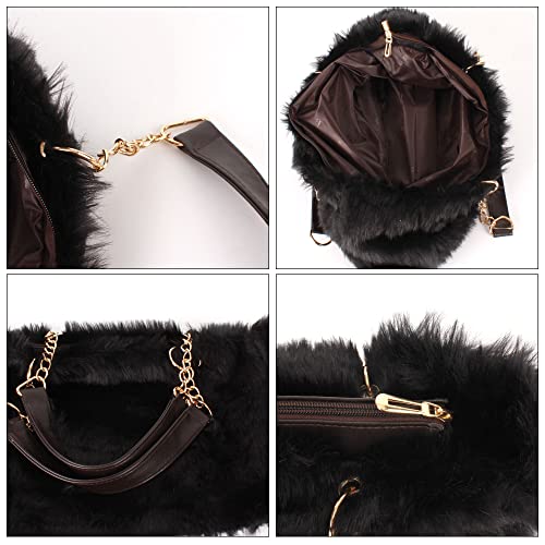 Aisa Choice Women's Faux Fur Tote Purse Furry Leopard Large Capacity Shoulder Bag Satchel Handbag … (Black)