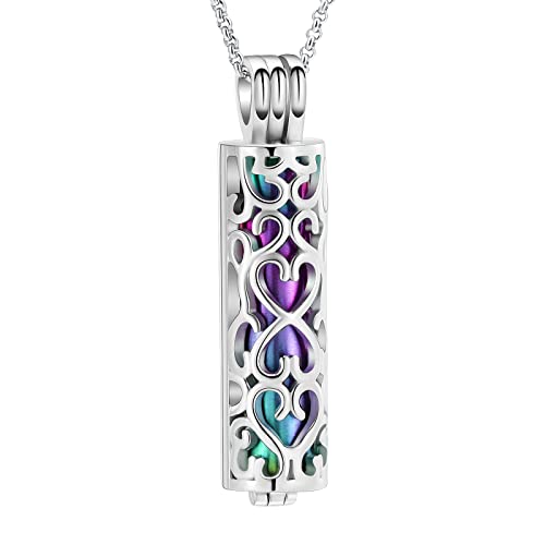 Hearbeingt Cylinder Cremation Urn Necklace for Ashes for Women Men Cremation Jewelry Urn Pendant with Hollow Urn Memorial Keepsake Jewelry for Ashes, Silver-Colorful