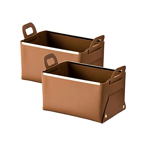 SINOWE Decorative Faux Leather Basket,Small Catchall Basket for Entryway Bedside Dresser End table,Collapsible Rectangle Tray Organizer Box,Set of 2,Caramel