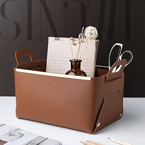 SINOWE Decorative Faux Leather Basket,Small Catchall Basket for Entryway Bedside Dresser End table,Collapsible Rectangle Tray Organizer Box,Set of 2,Caramel