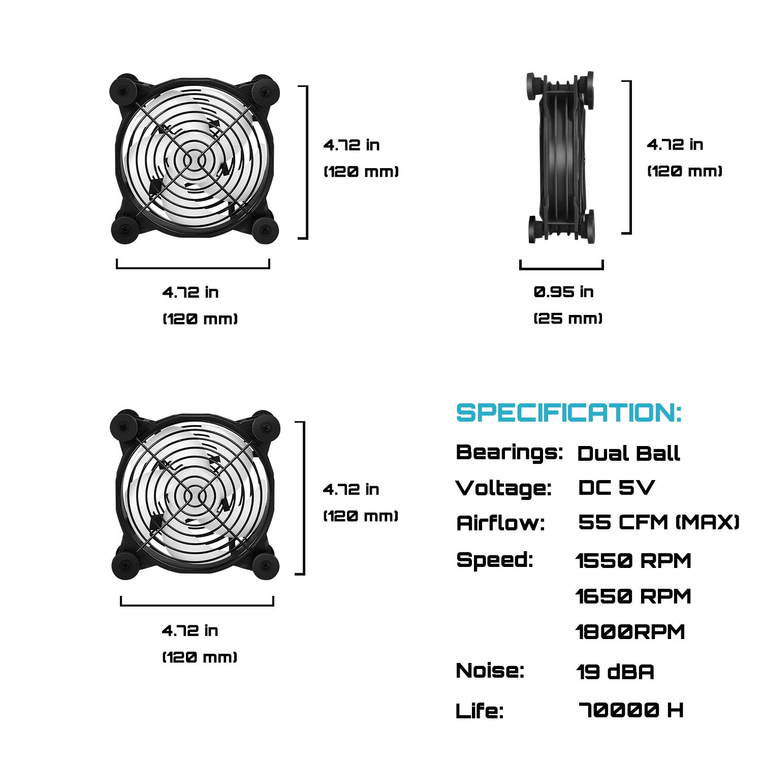 upHere U1207 USB Fan Dual-Ball Bearings,Rainbow LED,Multi-Speed Control,Silent 120mm Fan for Computer Cases Computer Cabinet PlayStation Xbox Cooling