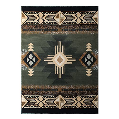 EMMA + OLIVER Santa Fe 5x7 Sage Olefin Accent Rug with Complementary Southwestern Pattern in Beige, Black and Brown and Jute Backing