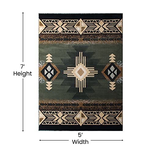 EMMA + OLIVER Santa Fe 5x7 Sage Olefin Accent Rug with Complementary Southwestern Pattern in Beige, Black and Brown and Jute Backing