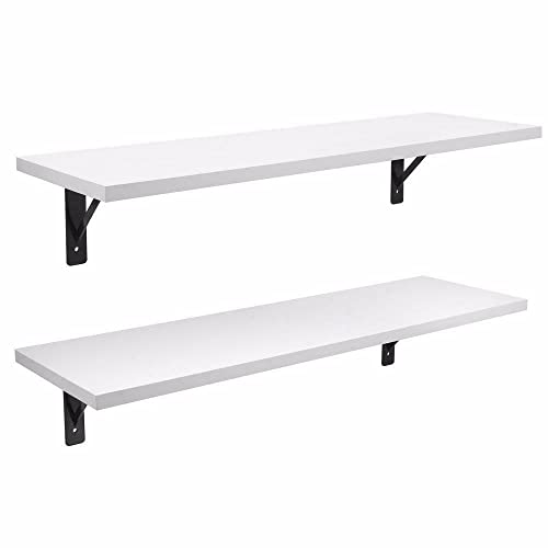2pcs Indoor Wall Mounted Display Ledge Floating Organizer Shelves with Bracket Mikalo Floating-Shelves Bedroom Bathroom Storage Shelves, White (6359000)