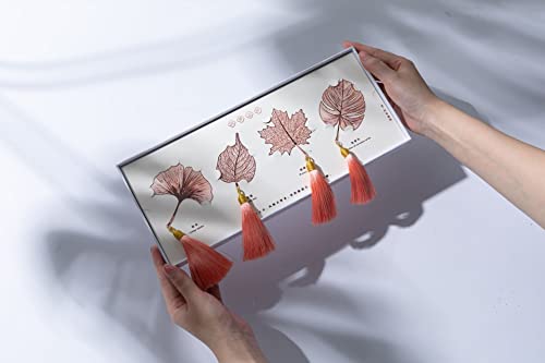 4 Metal Bookmarks with Tassels. Four Different Leaf Shapes, Representing The Four Seasons of Nature, Rose Gold, 2.56Wx2.56L