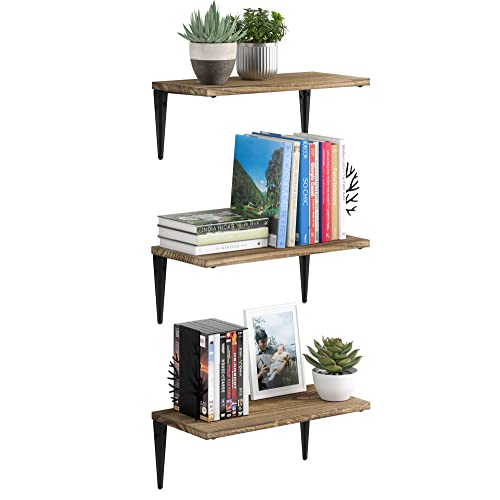 Wallniture Arras 17"x8" Wall Bookshelves for Living Room Decor Kitchen Organization Office Decor, Shelves for Bedroom & Bathroom Storage Set of 3, Burnt Finish