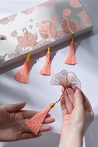 4 Metal Bookmarks with Tassels. Four Different Leaf Shapes, Representing The Four Seasons of Nature, Rose Gold, 2.56Wx2.56L