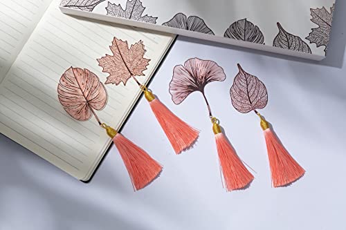 4 Metal Bookmarks with Tassels. Four Different Leaf Shapes, Representing The Four Seasons of Nature, Rose Gold, 2.56Wx2.56L