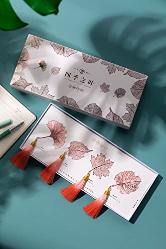 4 Metal Bookmarks with Tassels. Four Different Leaf Shapes, Representing The Four Seasons of Nature, Rose Gold, 2.56Wx2.56L
