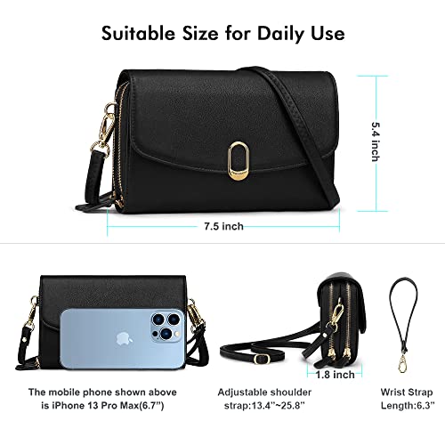 Peacocktion Small Crossbody Bags for Women, RFID Wallet Purse Cellphone Card Holder Wristlet 2 Straps, Black