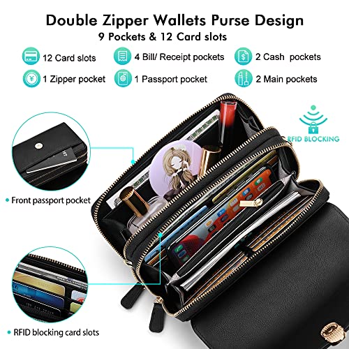 Peacocktion Small Crossbody Bags for Women, RFID Wallet Purse Cellphone Card Holder Wristlet 2 Straps, Black