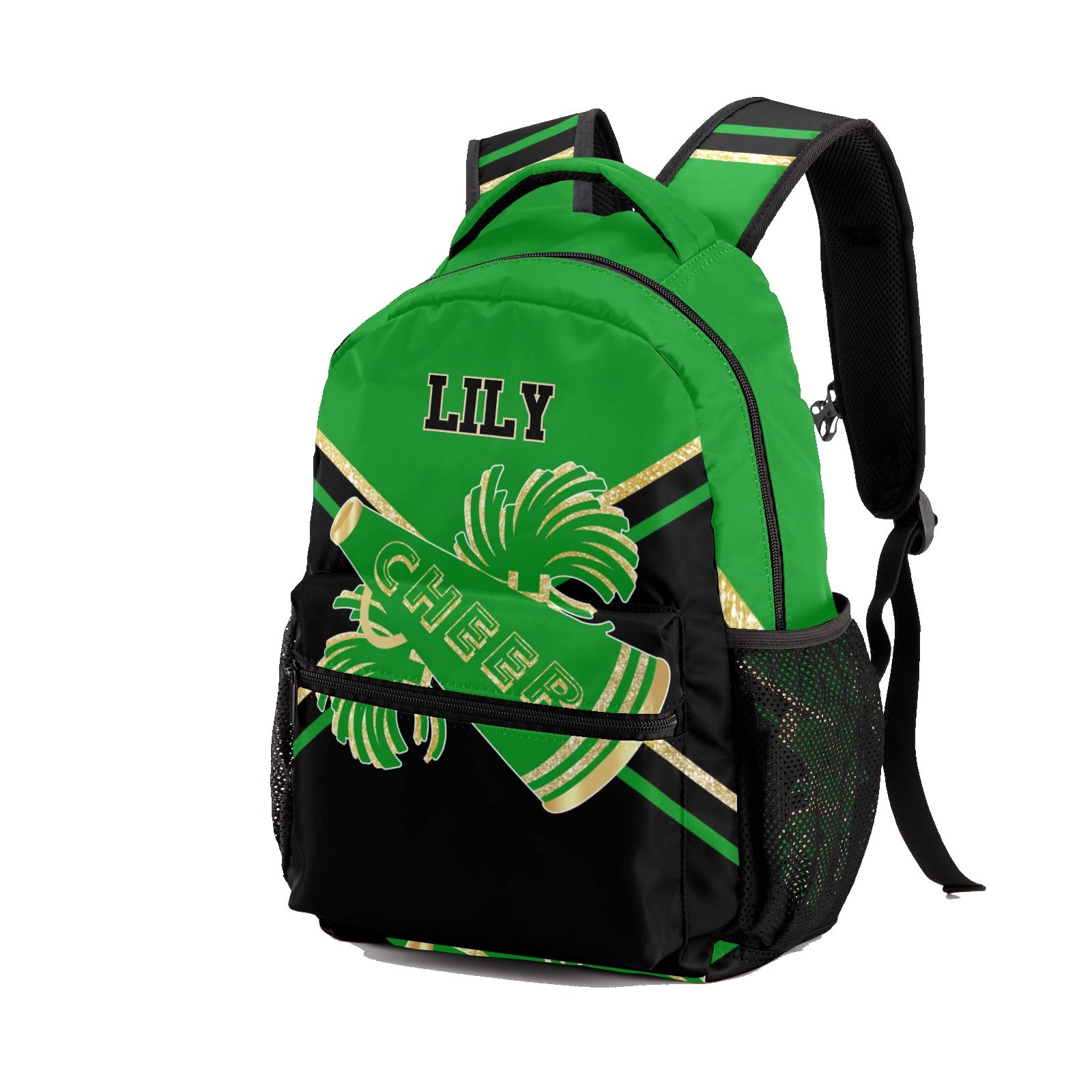 BigBigift Cheer Green Black Cheerleaders Backpack Shoulder Shopping Bag Travel Casual Bags with Name Text, 12.2(L)x5.9(W)x16.5(H)inch