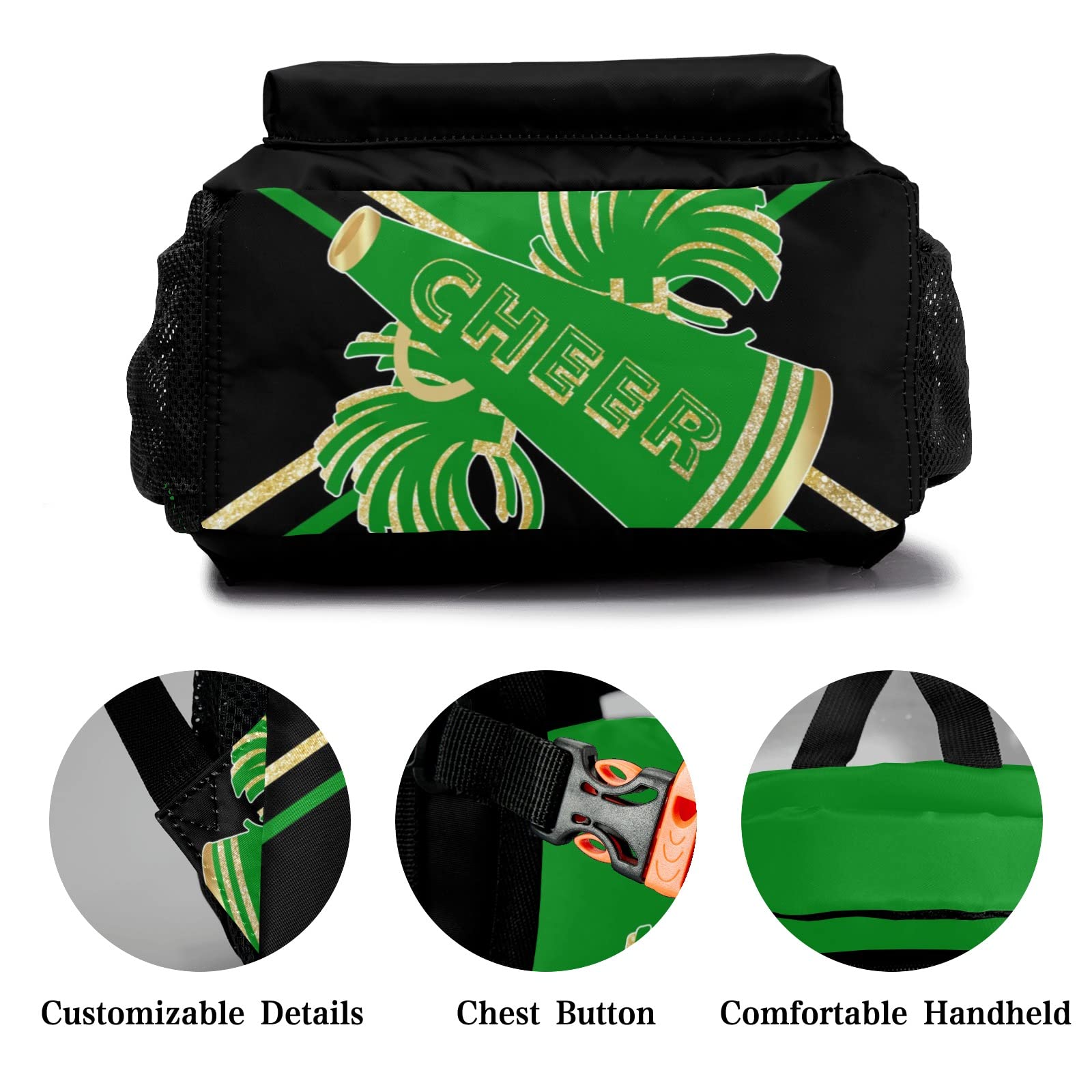 BigBigift Cheer Green Black Cheerleaders Backpack Shoulder Shopping Bag Travel Casual Bags with Name Text, 12.2(L)x5.9(W)x16.5(H)inch