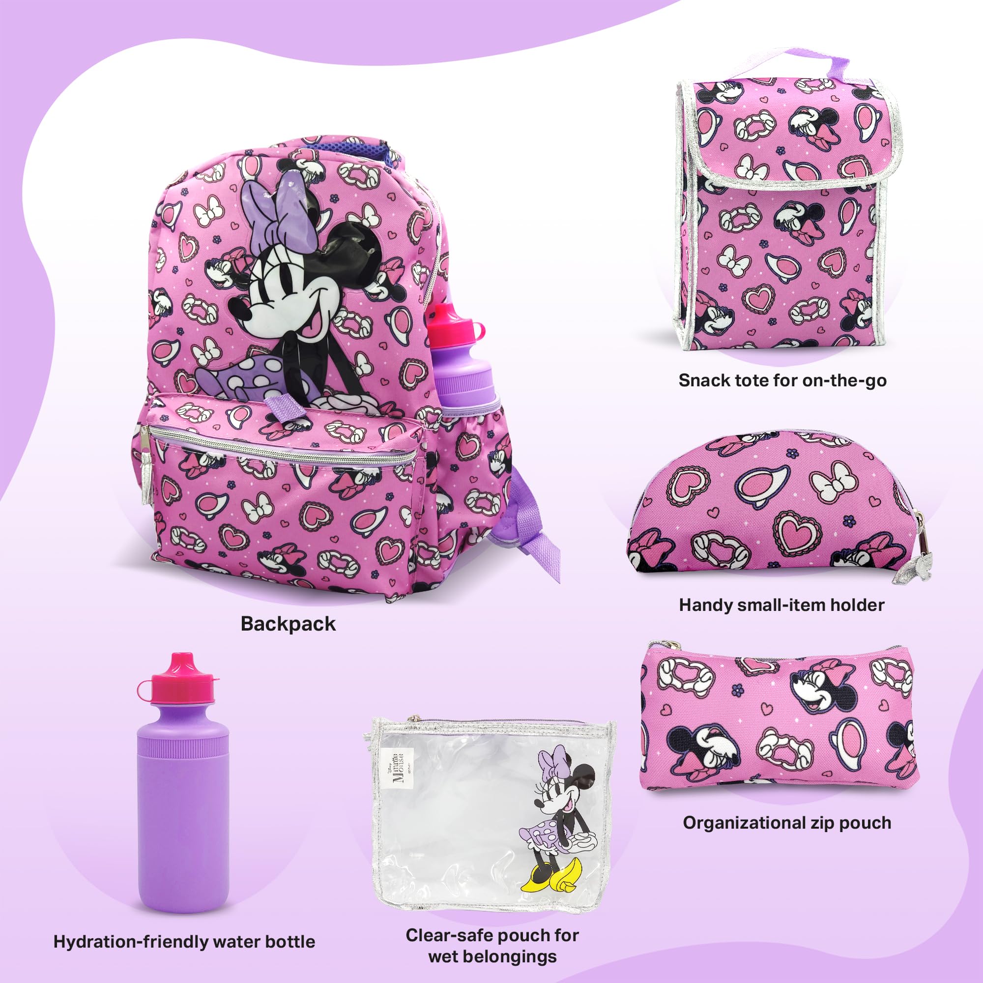 Fast Forward Minnie Mouse Backpack with Lunch Box 16 inch - 6-Piece Set, Minnie Mouse Bookbag, Perfect for Back to School & Elementary Age Girls