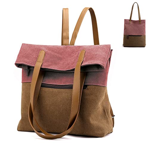 Canvas Shoulder Bag Backpack for Women Vintage Tote Handbags Dayback Casual Bag for Office Work School Travel Shopping (Rust Red)