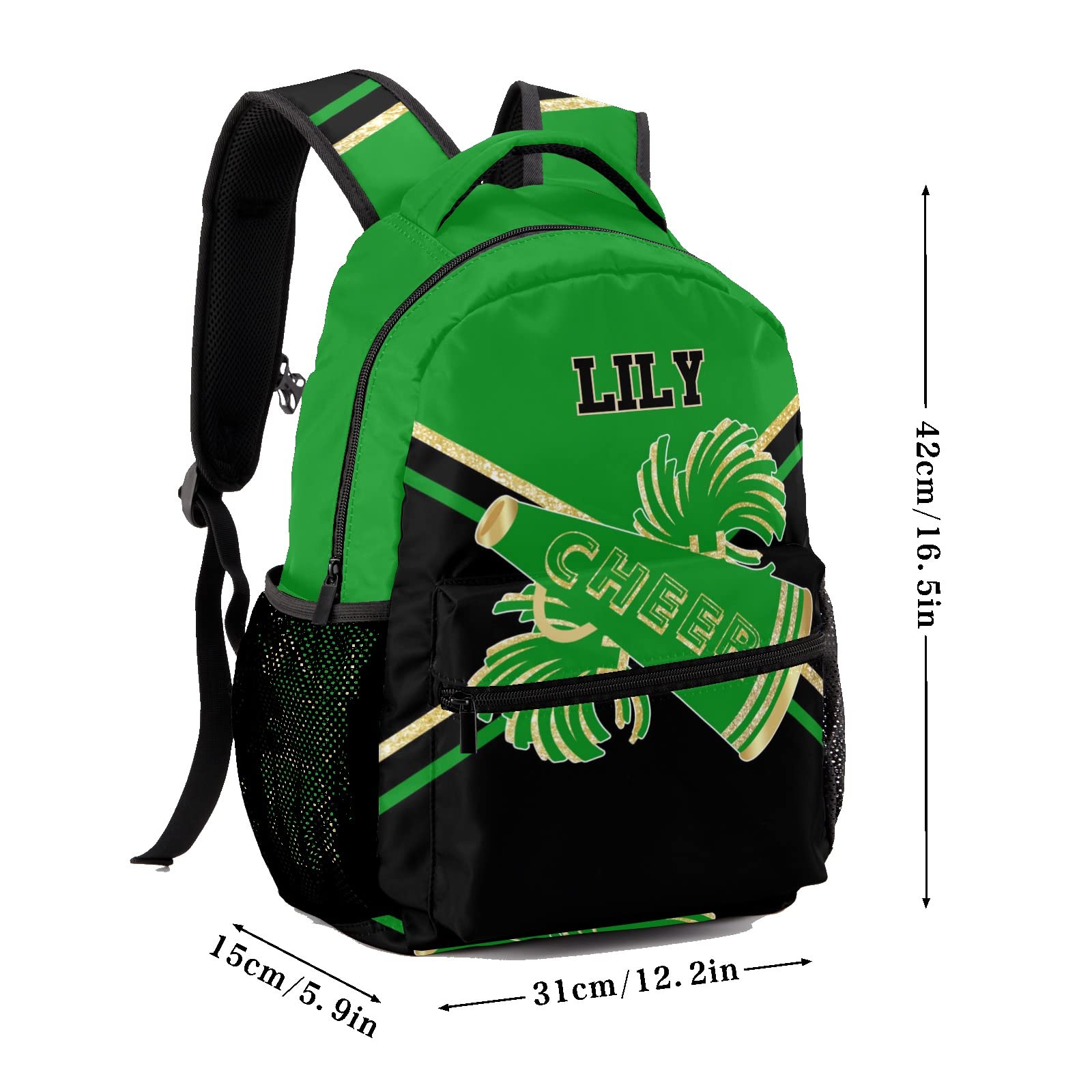 BigBigift Cheer Green Black Cheerleaders Backpack Shoulder Shopping Bag Travel Casual Bags with Name Text, 12.2(L)x5.9(W)x16.5(H)inch