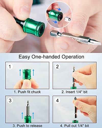 Upgrade, Push to Unlock,katerk 6pcs 1/4 inch Hex Shank Aluminum Alloy Screwdriver Bits Holder Light-weight Quick-change Extension Bar Keychain Drill Screw Adapter Change Portable, With Black Carabiner