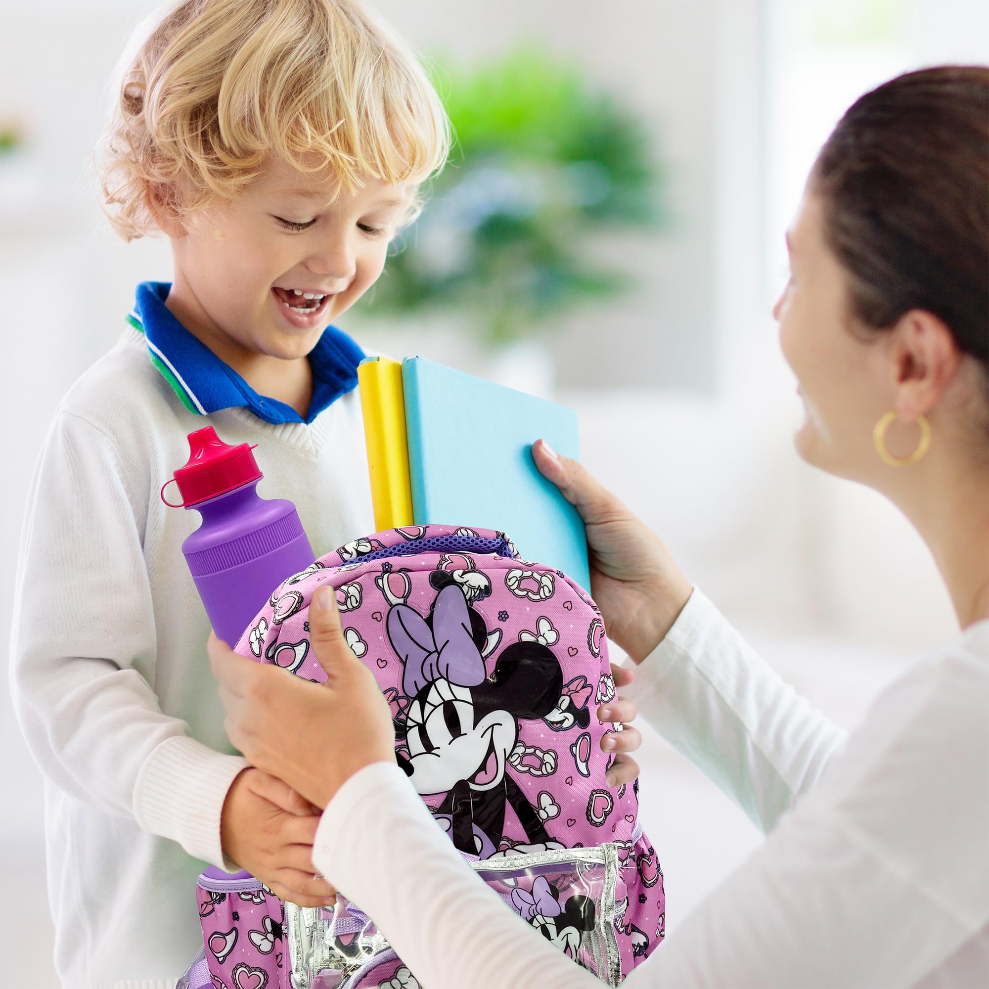 Fast Forward Minnie Mouse Backpack with Lunch Box 16 inch - 6-Piece Set, Minnie Mouse Bookbag, Perfect for Back to School & Elementary Age Girls